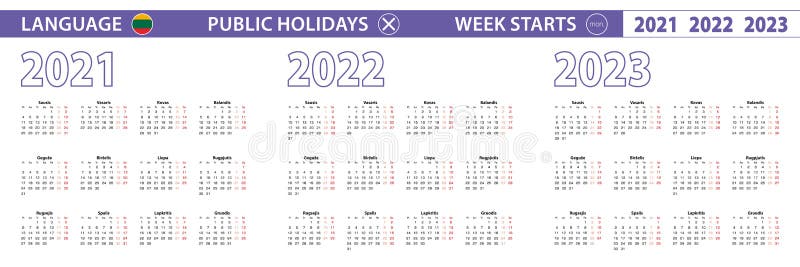 Simple Calendar Template in Lithuanian for 2021, 2022, 2023 Years. Week ...