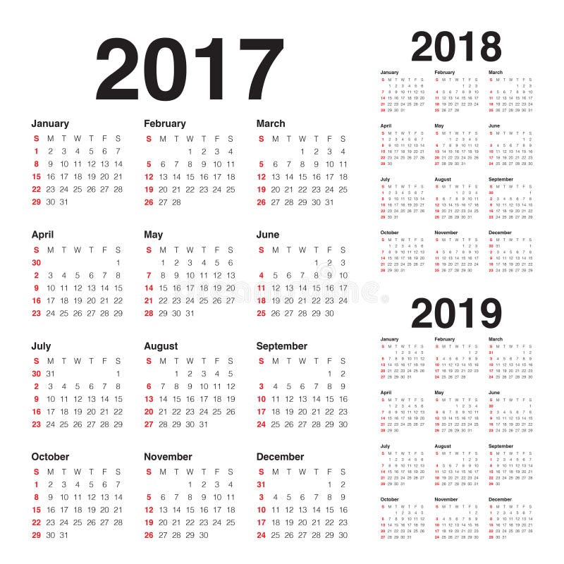 Simple Calendar Template for 2017 To 2019 Stock Vector - Illustration ...
