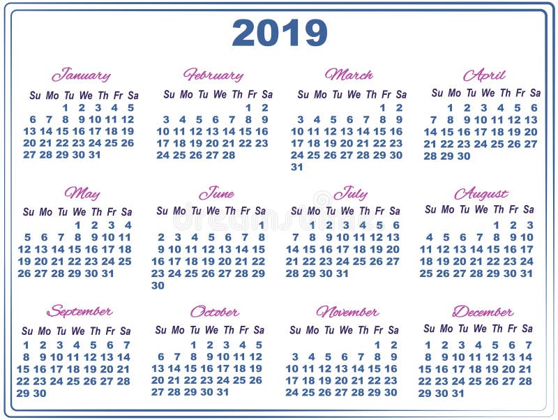 2019 Calendar with Big Numers Stock Vector - Illustration of month ...