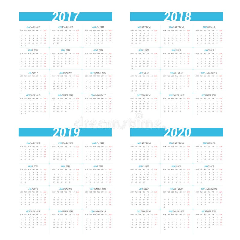 Simple Calendar for 4 Years 2017 - 2020. Week Starts from Monday. Stock ...