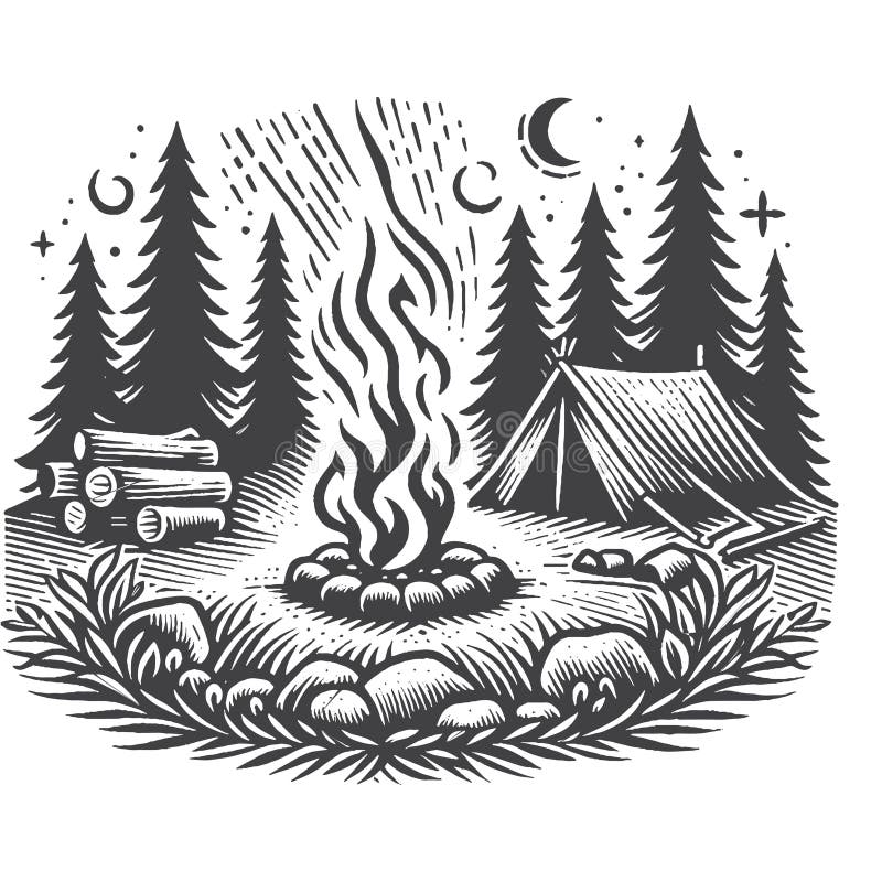 Simple Campground with Campfire Burning Vintage Retro Vector Design ...