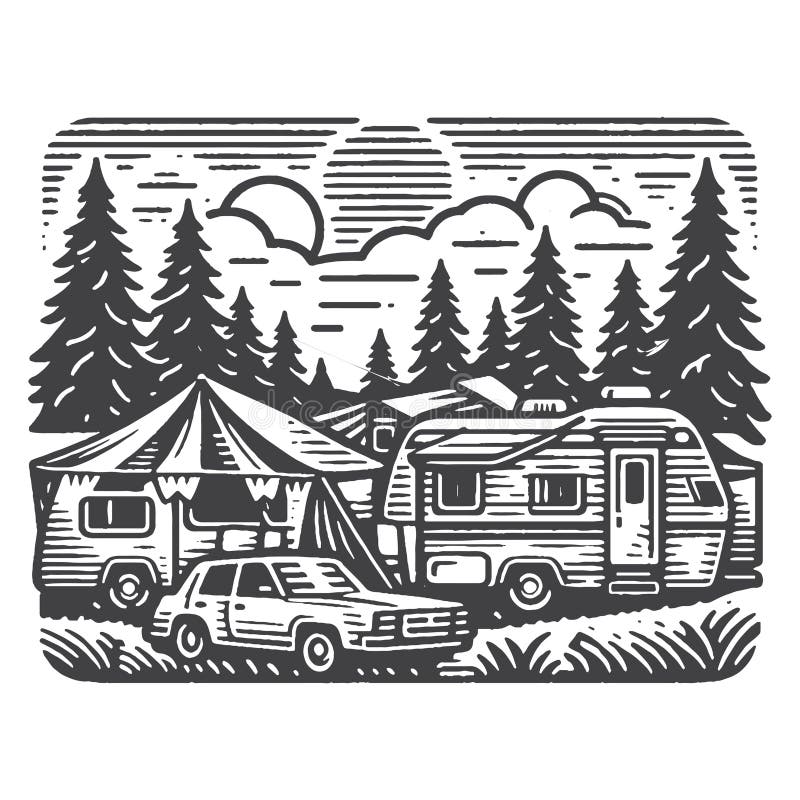 Simple Campground with Rvs Parked Vintage Retro Vector Illustration ...