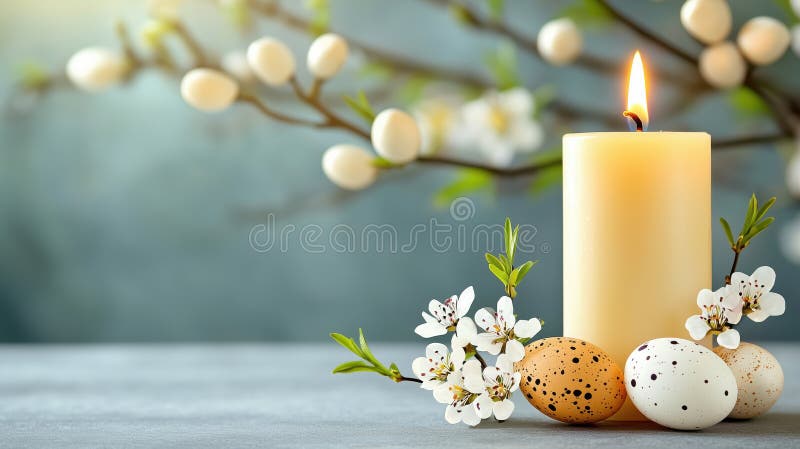 Simple Candle Illuminating Small Easter Display with Eggs and Flowers ...