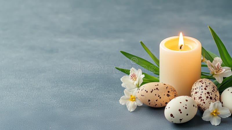 Simple Candle Illuminating Small Easter Display with Eggs and Flowers ...