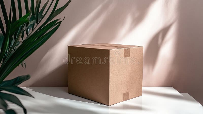 A Simple Cardboard Packaging Box Sits on a Smooth Surface, Illuminated ...