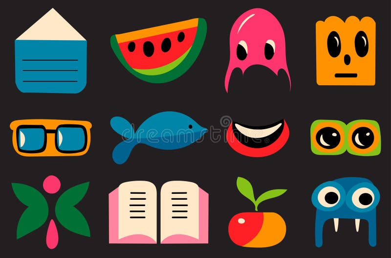 Simple Cartoon Shapes on Black Background Vector Vector Stock Vector ...