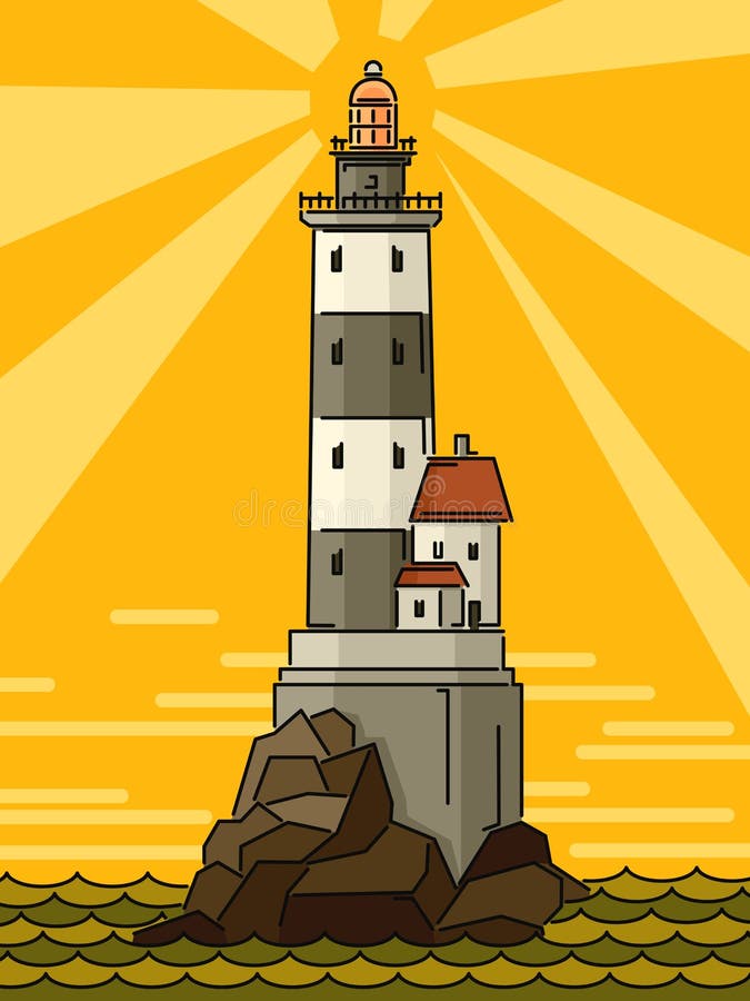 Simple Cartoon Illustrations of Lighthouse at Sunset. Stock Vector ...