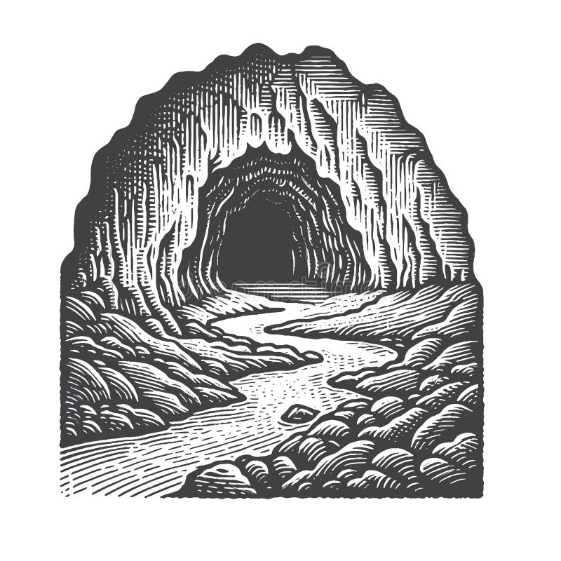 Underground River Flowing Inside Cave in Retro Vintage Design. Stock ...