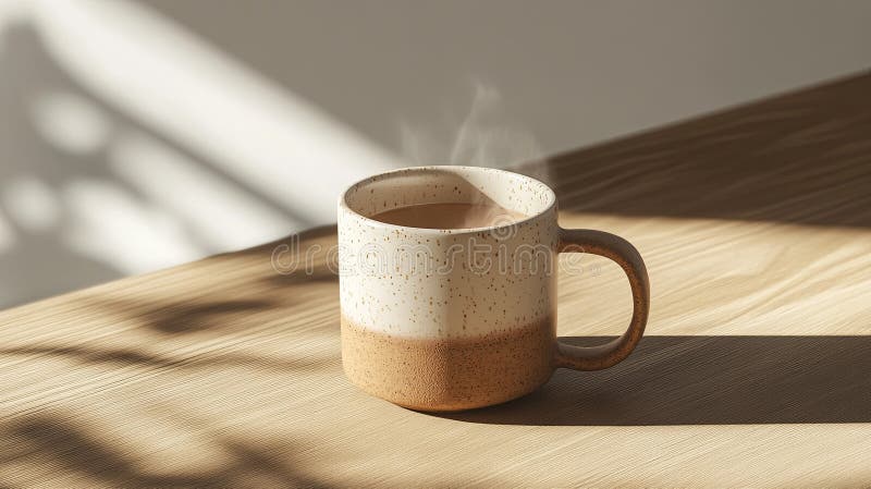 A Simple Ceramic Mug with a Steaming Drink on a Wooden Surface, Soft ...