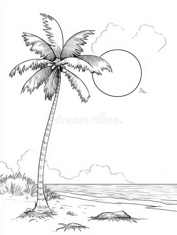 A Simple yet Charming Line Drawing of a Lone Palm Tree Standing Tall on ...