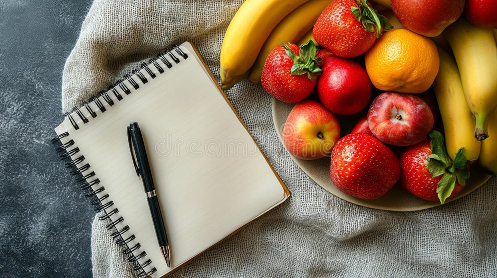 Rustic Table Setting with Fruit Bowl and Notebook Stock Image - Image ...