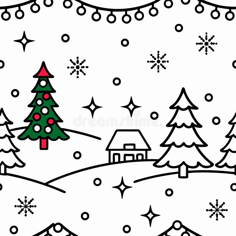 Simple Christmas Winter Scene with House, Trees, and Lights Stock ...