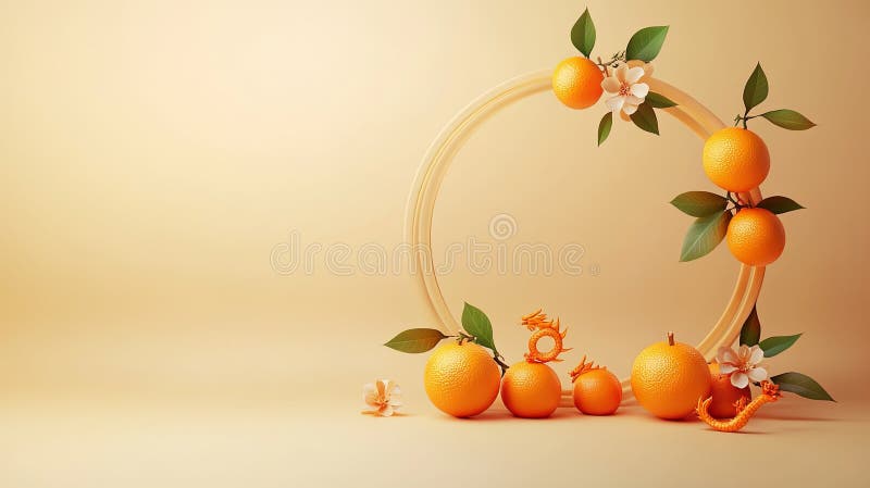 A Simple Circular Frame with Mandarin Oranges and a Small Dragon Motif ...