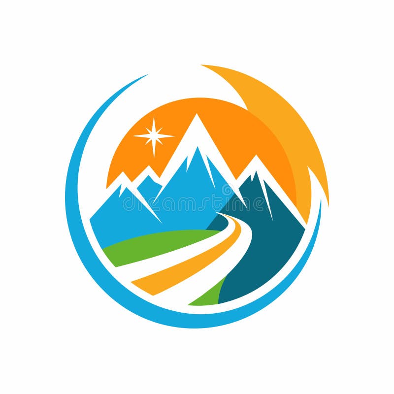 Simple, Circular Logo with Mountains, Sunset, Clouds, and a Green ...