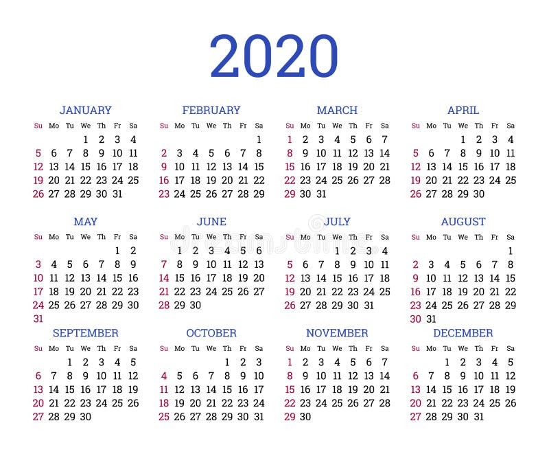 Simple Classic Calendar Layout for 2020 Year Stock Vector ...