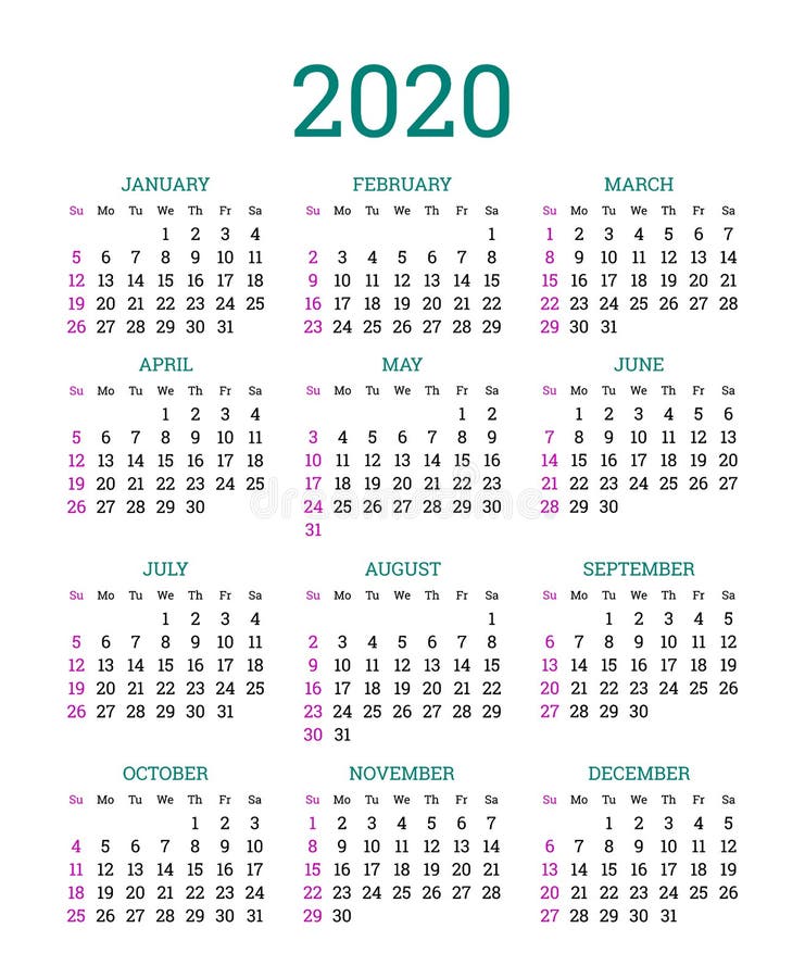 Simple Classic Calendar Layout for 2020 Year Stock Vector ...