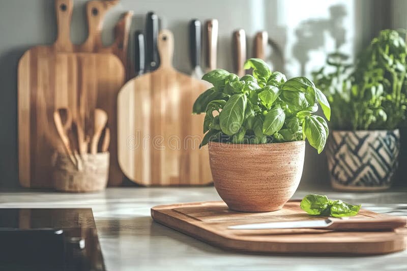 A Simple Clay Pot Holding Fresh Basil, Placed on a Bright Kitchen Stock ...