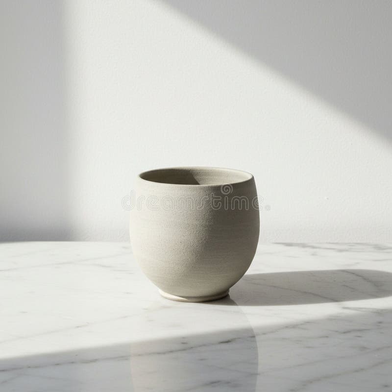 A Simple Clay Pot Sits on a Polished White Marble Surface, Casting a ...
