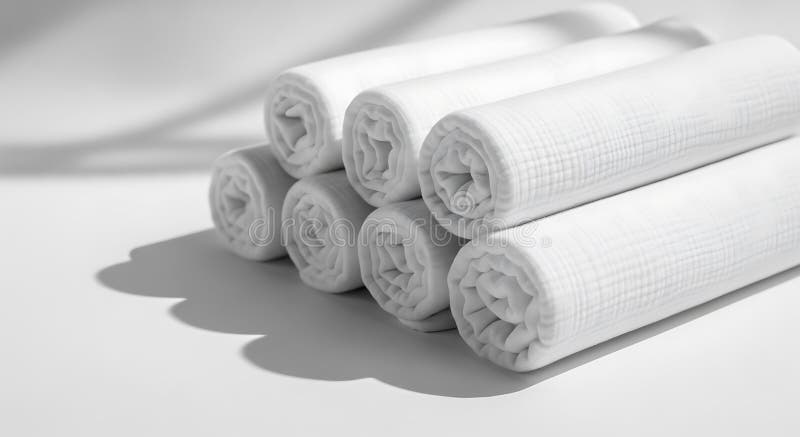 Seven Neatly Rolled White Towels are Stacked in a Pyramid Formation ...
