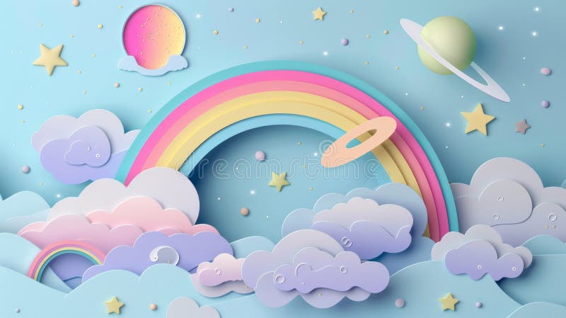 Simple and Clean Layer Paper Art, Colorful Rainbow, Clouds, Stars and ...