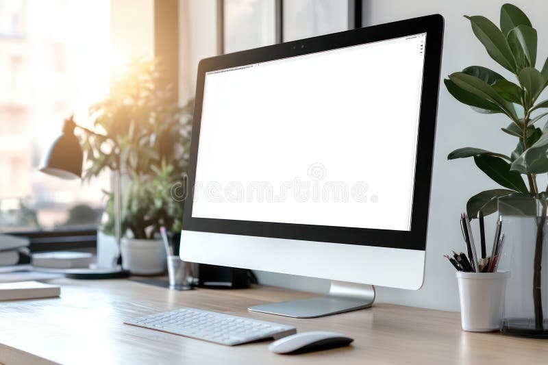 Minimalist Office Computer Display Mockup on Desk Stock Illustration ...