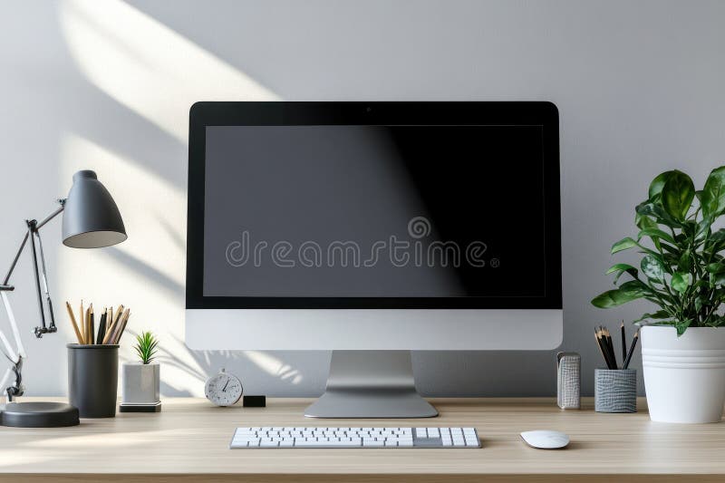 Minimalist Office Computer Display Mockup on Desk Stock Illustration ...