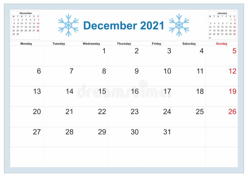 December 2021 One Month Calendar Vector Template Stock Vector ...