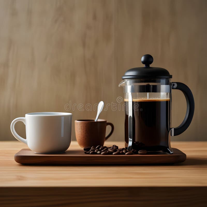 Simple Coffee Bar Setup with French Press, White Mug, and Coffee Beans ...