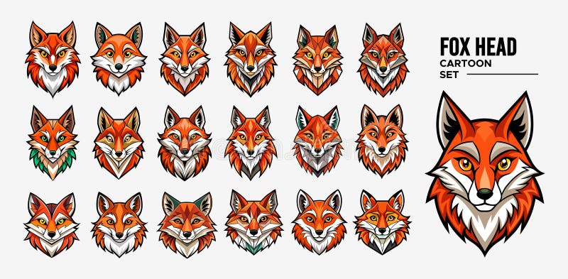 Simple Colored Fox Head Cartoon Sticker Illustration Design Bundle ...