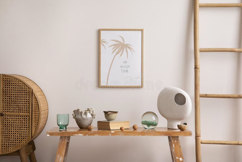 Simple Composition of Living Room Interior with Mock Up Poster. Beige ...