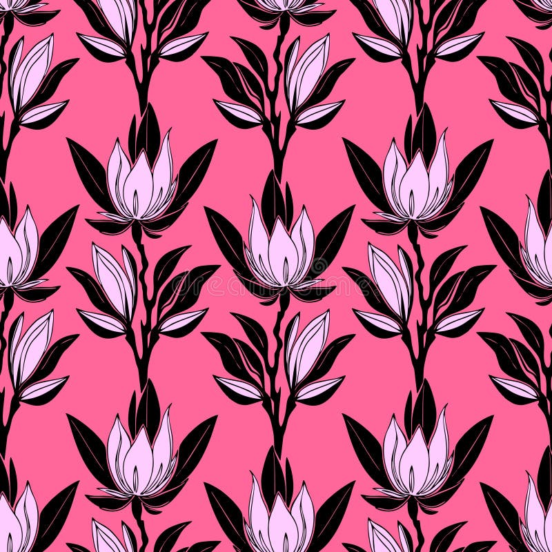 Simple Contour Seamless Pattern of Pink Magnolias on a Pink Background ...