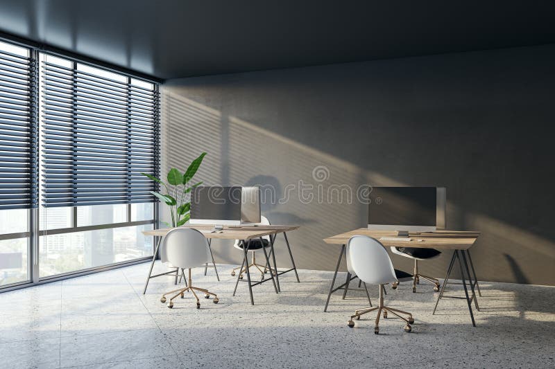 Simple Coworking Office Interior with Window and City View, Blinds ...