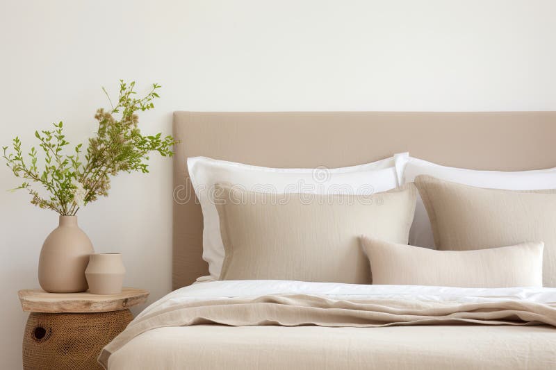 Simple Cozy Beige Bedroom Interior with Bed Headboard, Linen Bedding ...