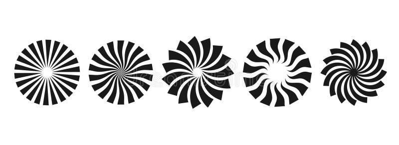 Simple Curl Sunburst Circles Collection. Black Radial Twisted Elements ...