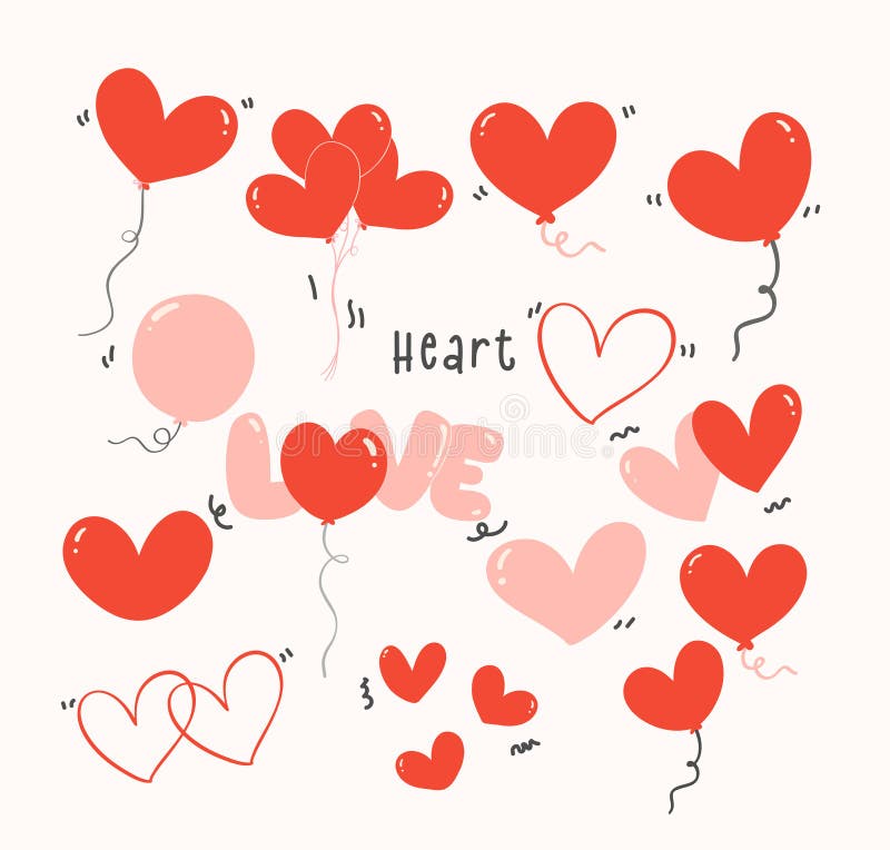 Simple Cute Heart Balloon Element Hand Drawn Set Stock Vector ...