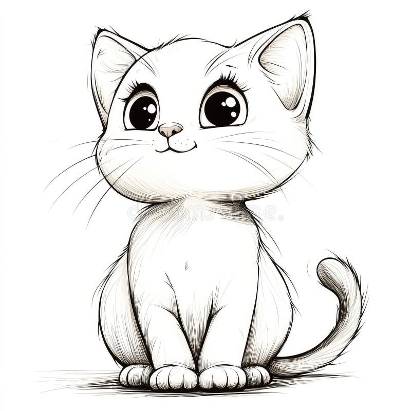 Simple and Cute Line Drawing of Kitten with Big Eyes and Fluffy Tail on ...