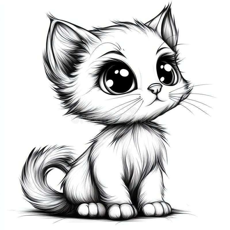 Simple and Cute Line Drawing of Kitten with Big Eyes and Fluffy Tail on ...