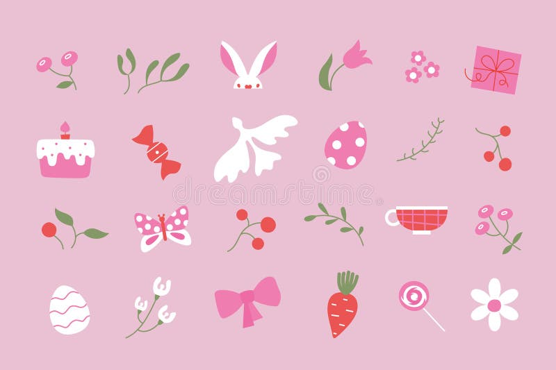 Simple Cute Pinky Easter Elements. Cartoon Vector Minimallist Easter ...