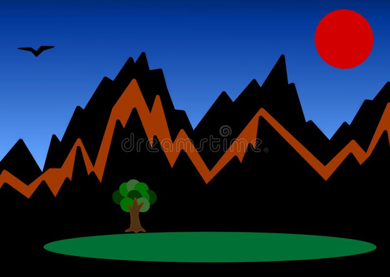 Simple 2D Illustration of the Mountain Under the Red Moon. Stock ...