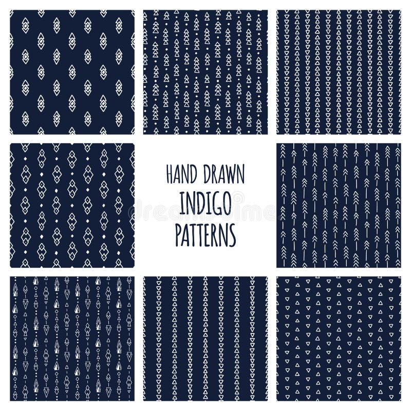 Simple Dark Blue Indigo Ethnic Patterns. Set of Eight Vector Hand Drawn ...