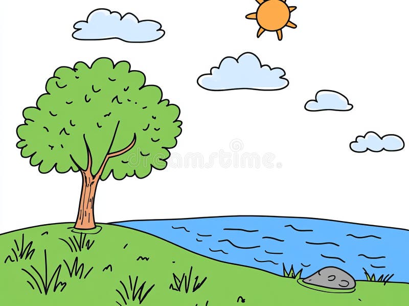A Simple Depiction of Natural Elements Features a Tree, Water, Sun, and ...