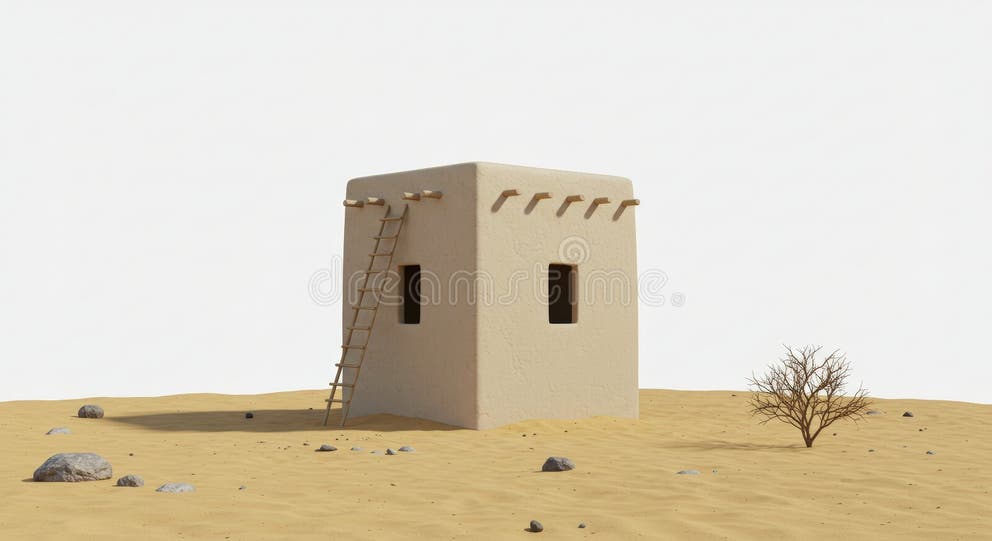 Simple Desert Adobe Building with Ladder and Small Bare Tree Stock ...