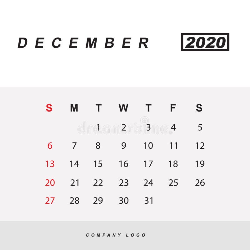 Simple Design of December 2020 Calendar Template Stock Vector ...