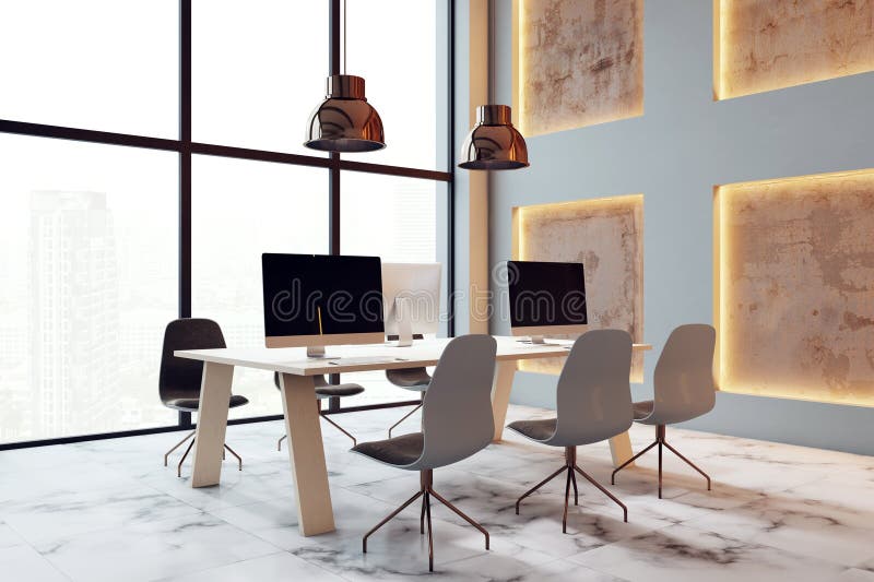 Simple Designer Coworking Office Interior with Panoramic Windows, City ...