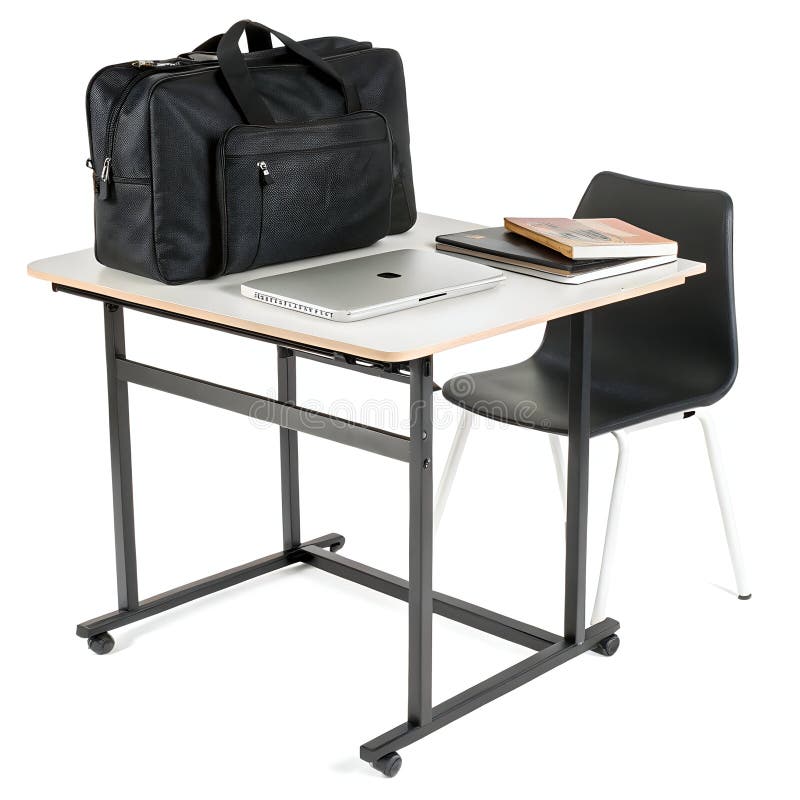 Desk with Black Bag Isolated on White Stock Photo - Image of decor ...