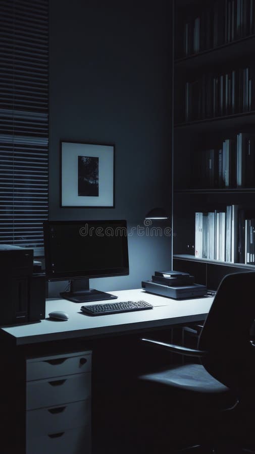 A Simple Desk with a Computer and Chair in a Dimly Lit Room, Suitable ...