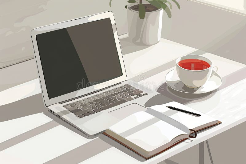 A Simple Desk Setup Features a Laptop, Notebook, and a Cup of Tea ...