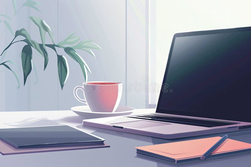 A Simple Desk Setup Features a Laptop, Notebook, and a Cup of Tea ...