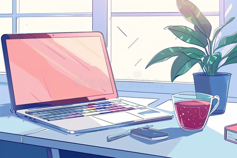 A Simple Desk Setup Features a Laptop, Notebook, and a Cup of Tea ...