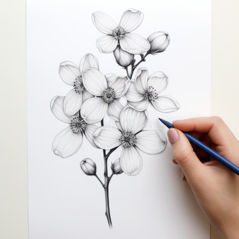 Simple and Detailed Pencil Flower Illustrations on White Paper Stock ...